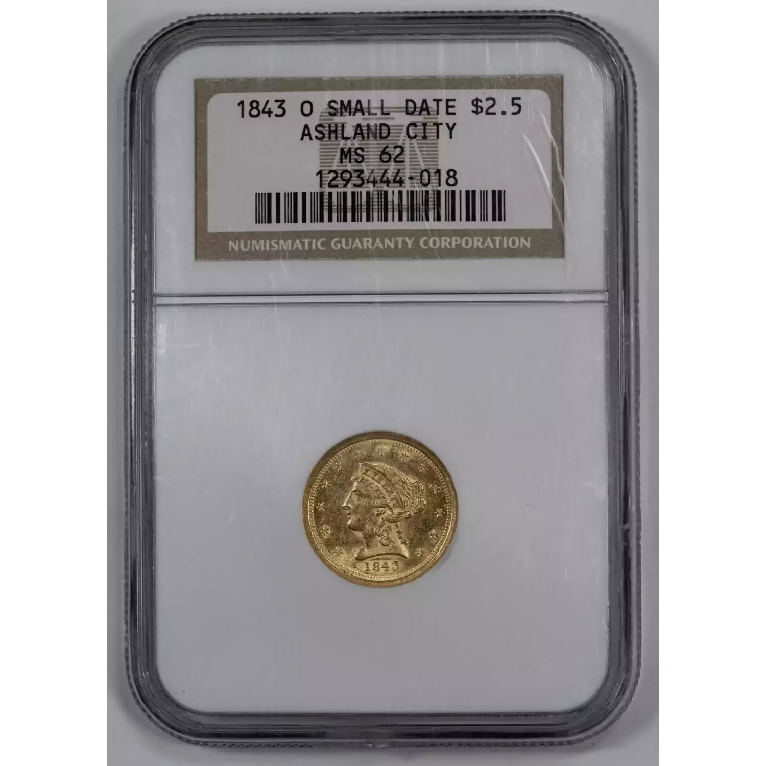 1843-NEW ORLEANS $2.50 Gold Liberty Head Quarter Eagle NGC MS-62 O - Kearney Coin Center