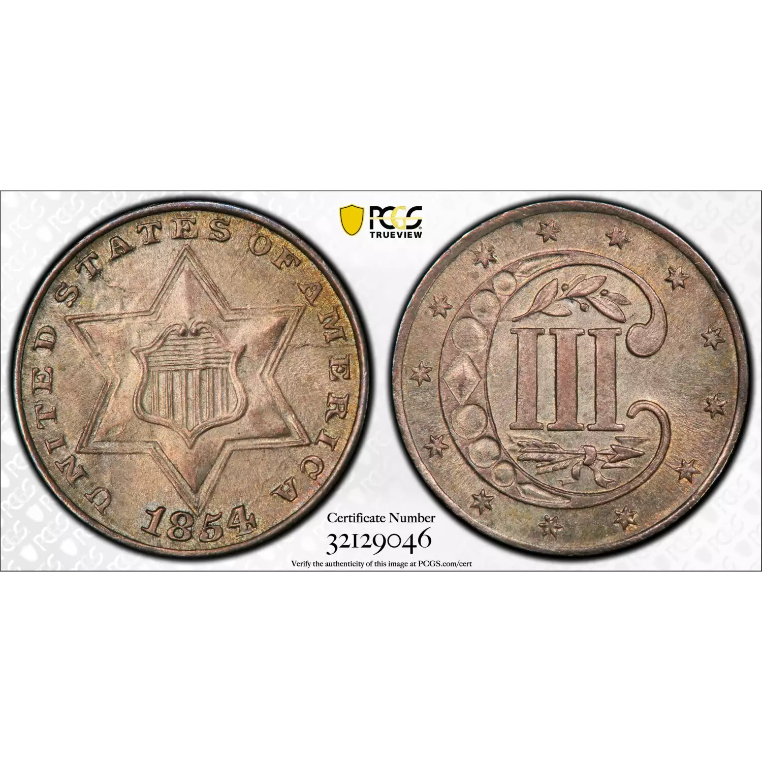 1854-PHILADELPHIA Silver Three Cent Pieces - Trimes PCGS MS-64 CAC ...