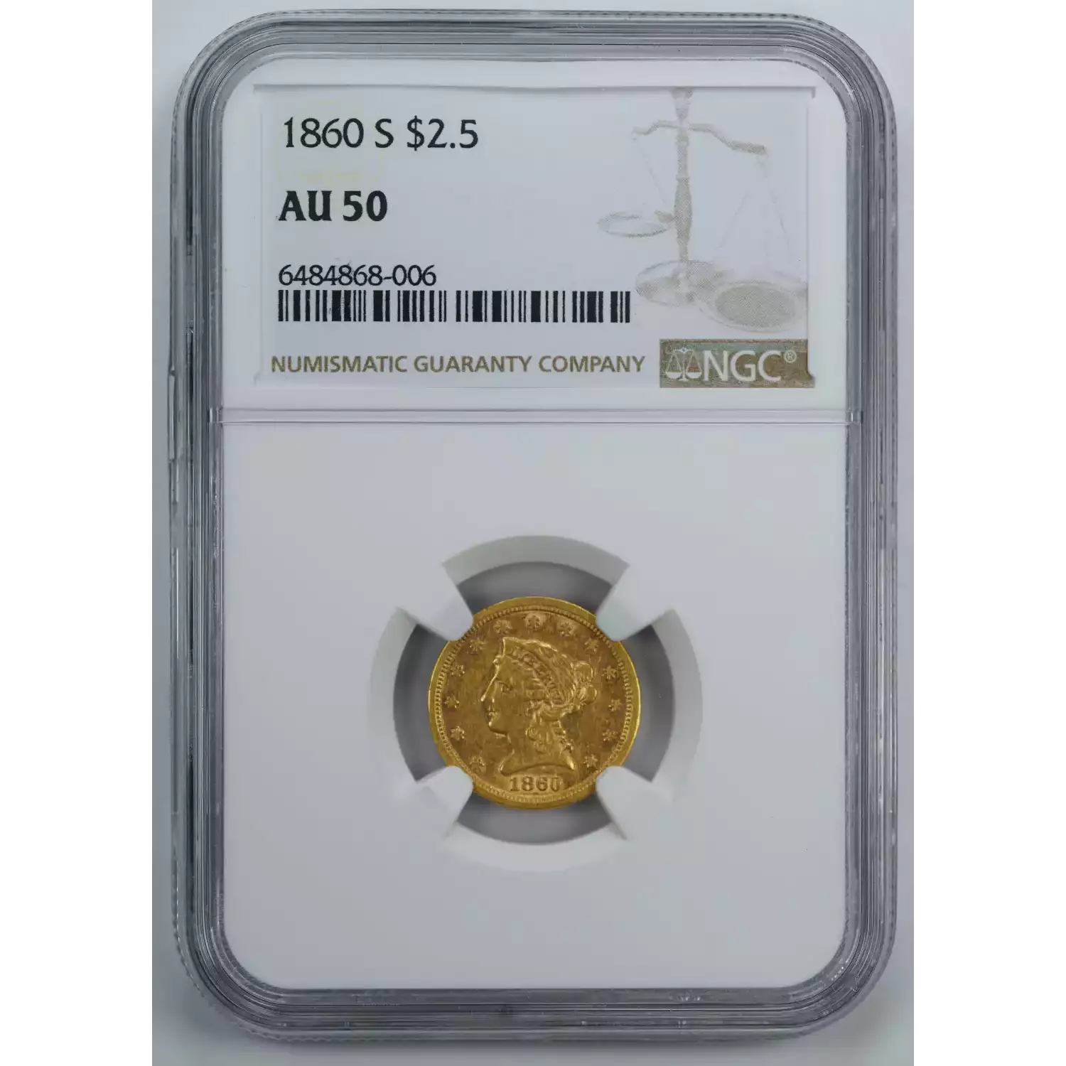 1860-SAN FRANCISCO $2.50 Gold Liberty Head Quarter Eagle NGC AU-50 - Kearney Coin Center
