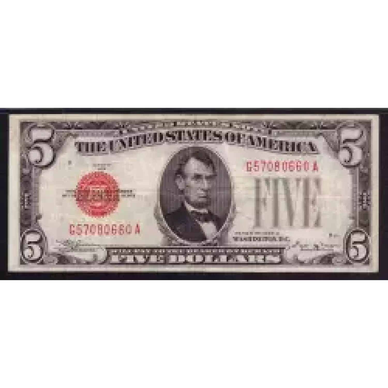 $5 1928-D red seal. Small Legal Tender Notes 1529m - Kearney Coin Center
