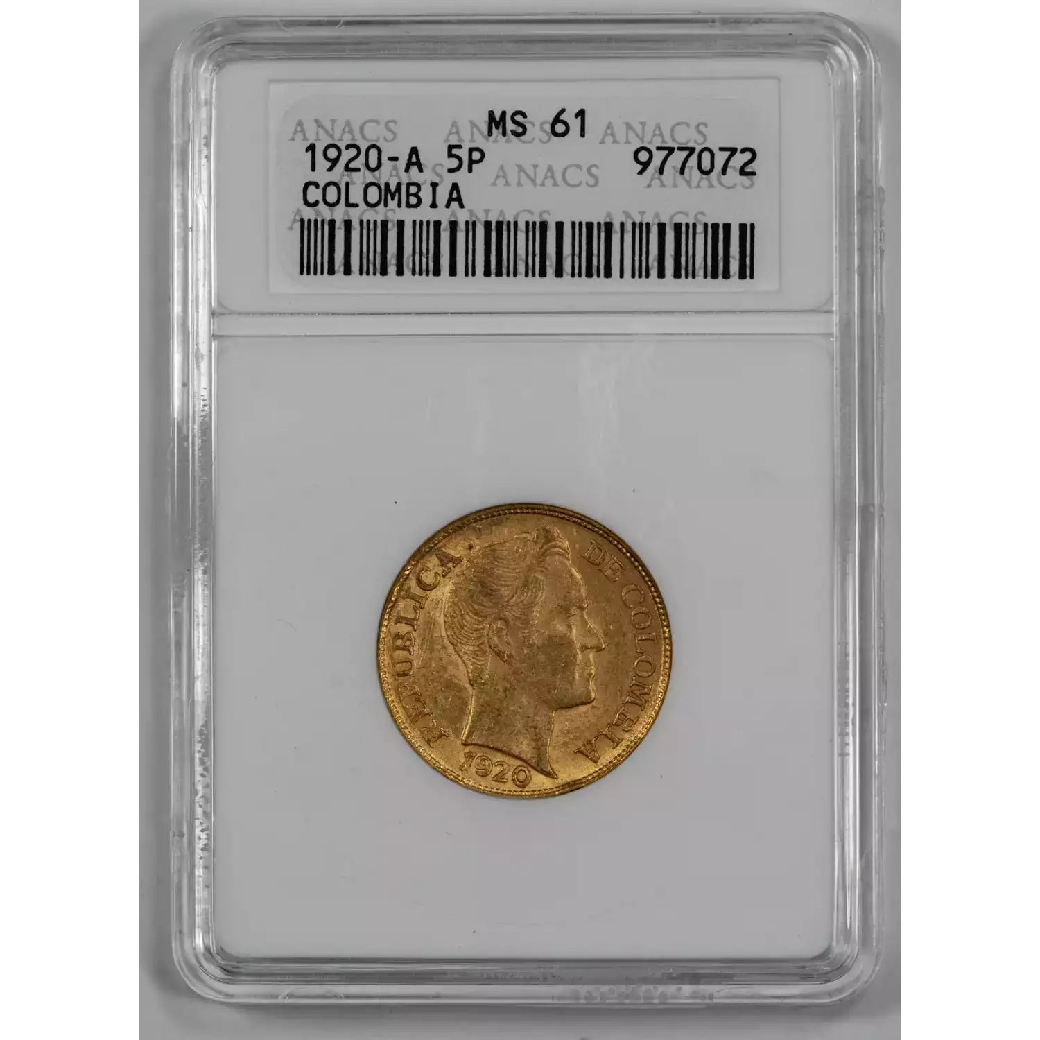 1920-A COLOMBIA Gold 5 PESOS NGC MS-61 - Kearney Coin Center